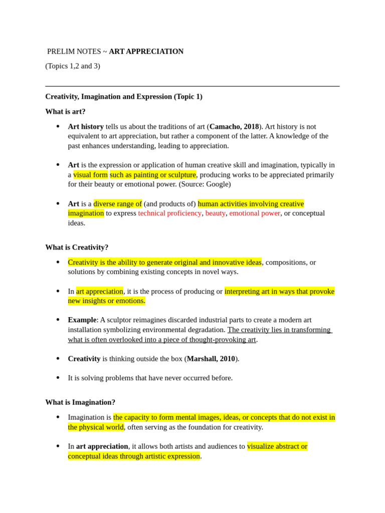 PRELIM EXAM NOTES - Art Appreciation | PDF | Imagination | Creativity