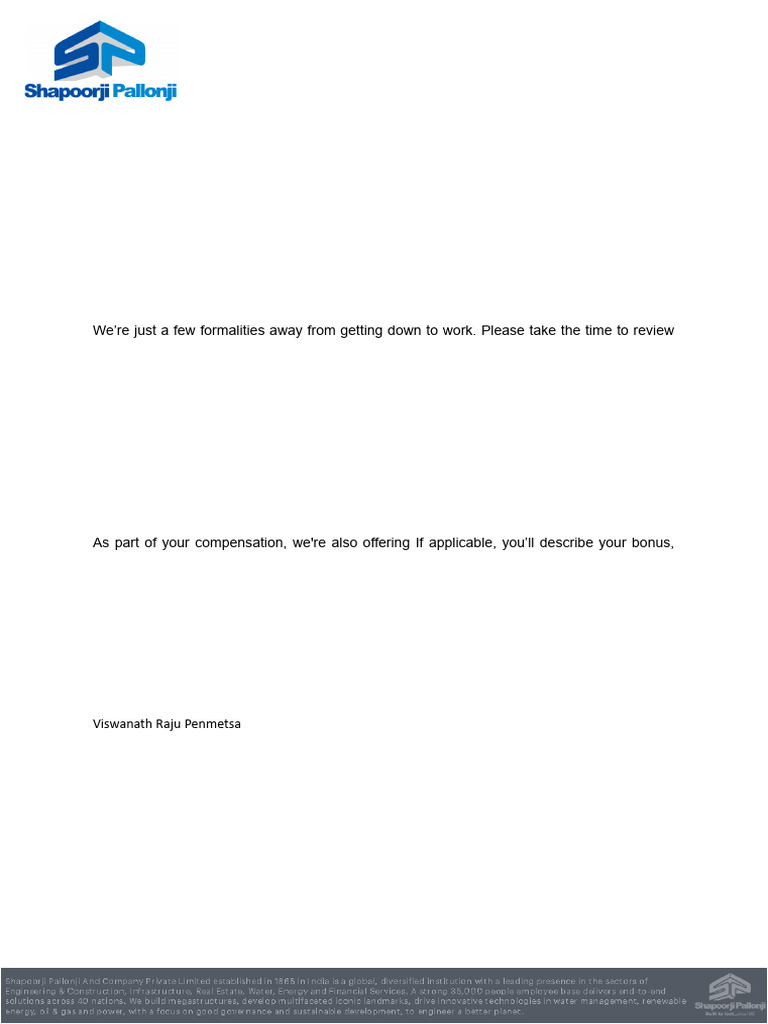 Shapoorji Pallonji Group Fardeen Job Offer Latter | PDF