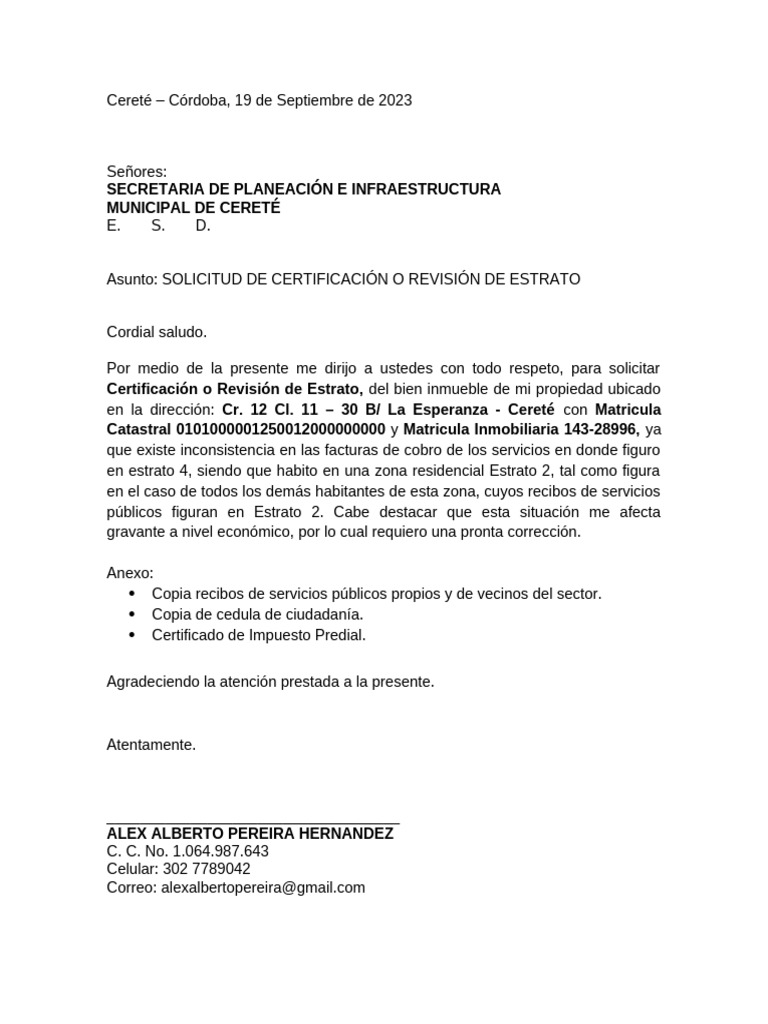Carta Solicitud Certificado de Estratificacion | PDF