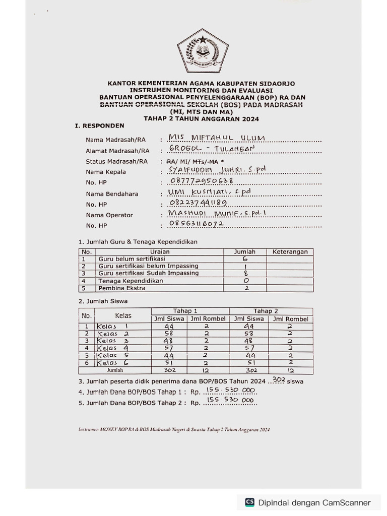 Instrumen Monev BOSREG Tahap 2 Th. 2024 MI Miftahul Ulum Grogol | PDF