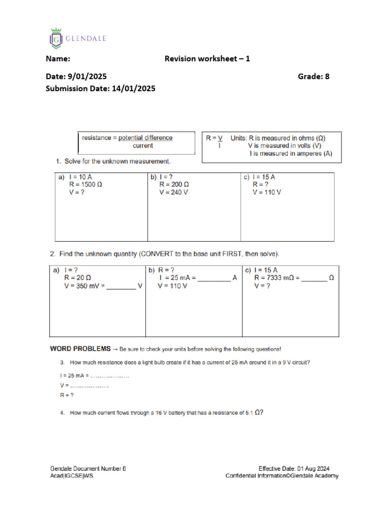 Electricity WS 1 | PDF