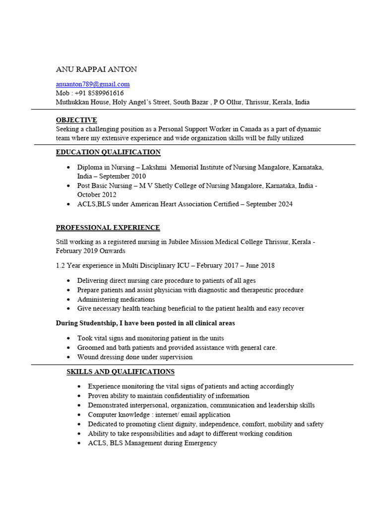 Personal Support Worker Resume - Canada | PDF