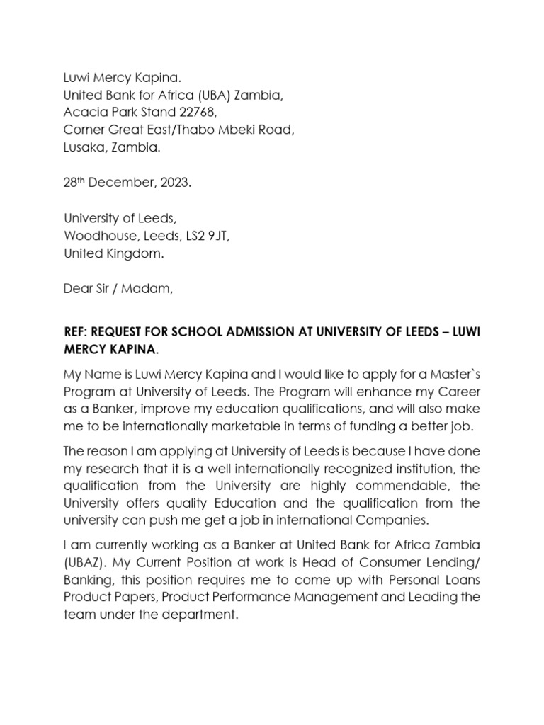 Personal Statement University of Leeds - Luwi M Kapina 2024 | PDF