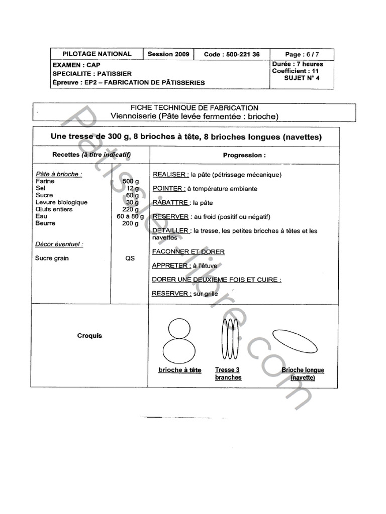 Sujet Cap Patisserie Fiche Technique Brioche 2009 4 | PDF