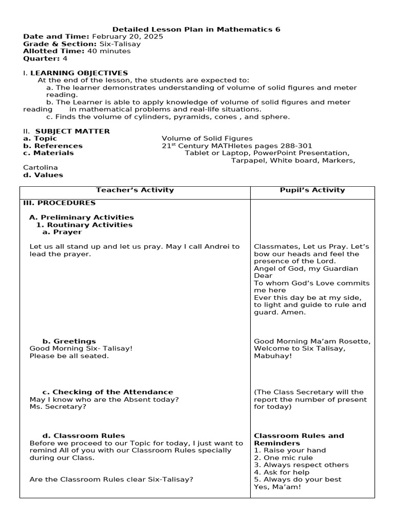 Detailed Lesson Plan in Mathematics 6 | PDF | Volume | Sphere