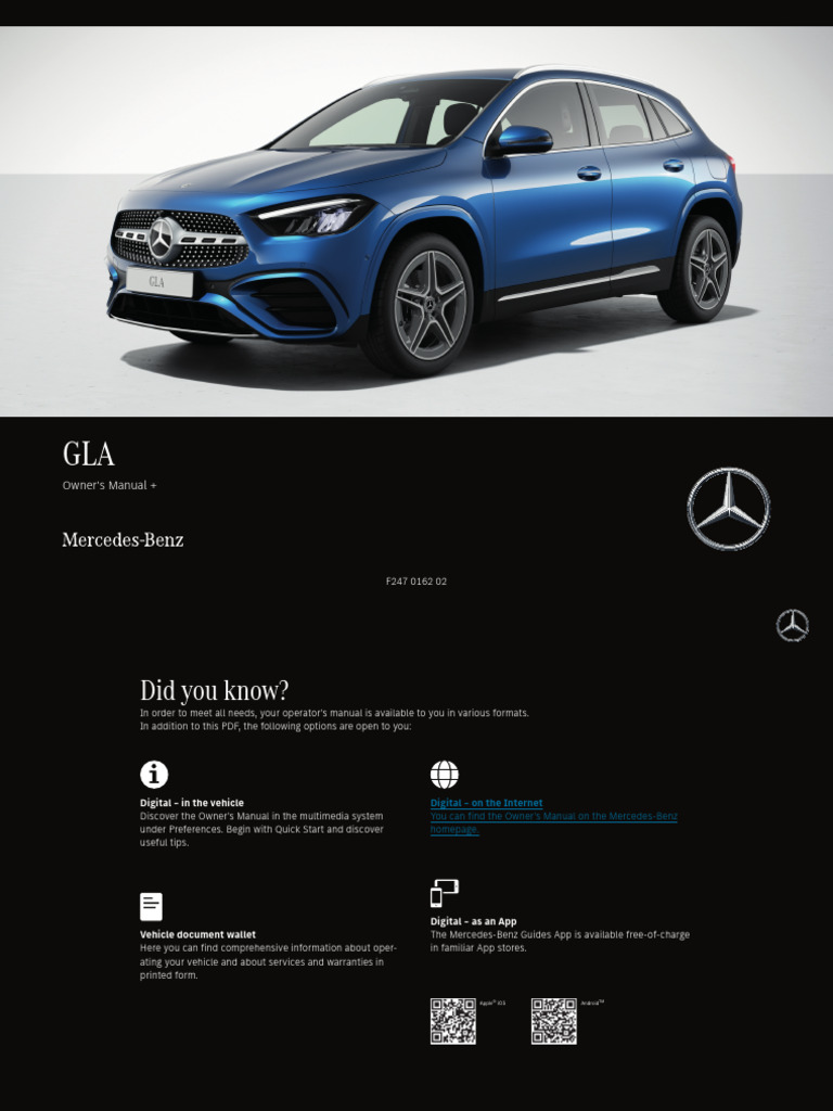 Mercedes Gla Suv 2024 October h247 Mbux Owners Manual 1 | PDF ...