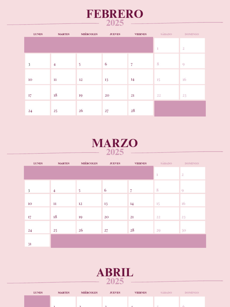 Calendario 2025 Mes a Mes | PDF
