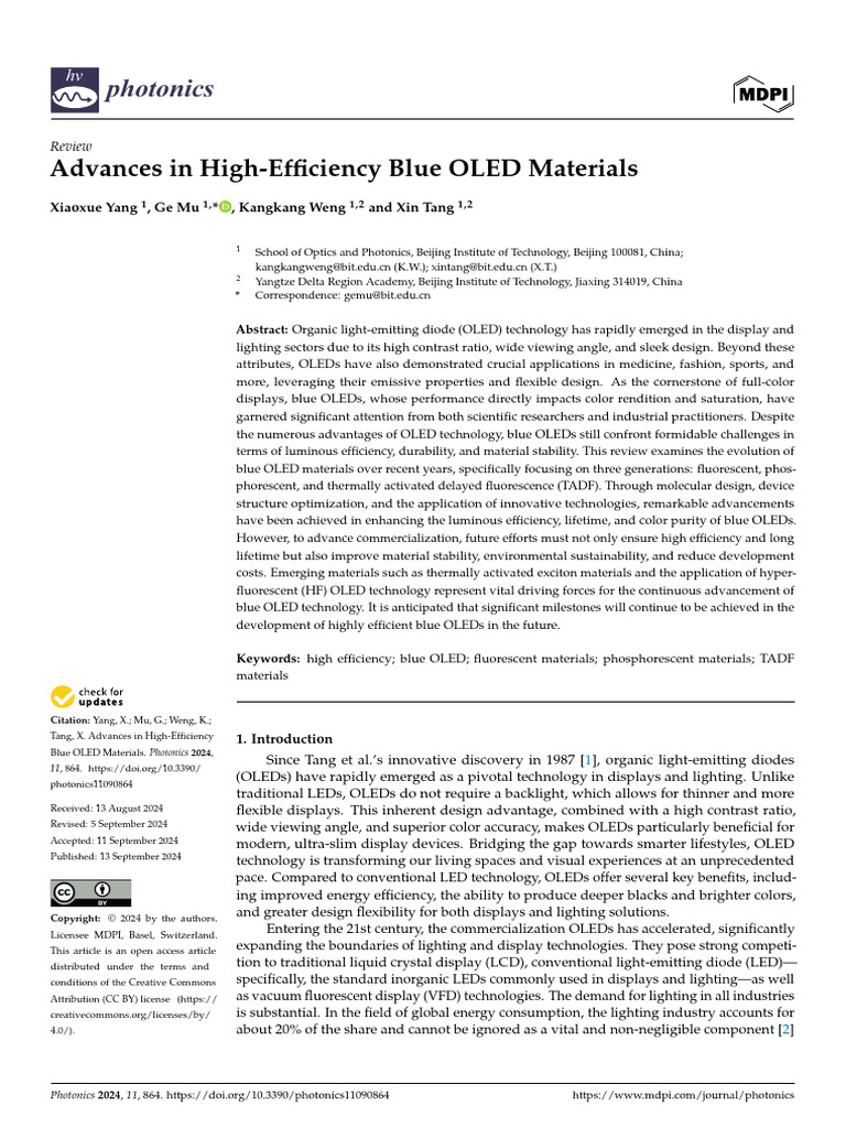 Advances in High-Efficiency Blue OLED Materials | PDF | Oled | Physical ...