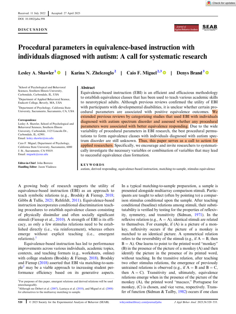 J of App Behav Analysis - 2023 - Shawler - Procedural parameters in ...