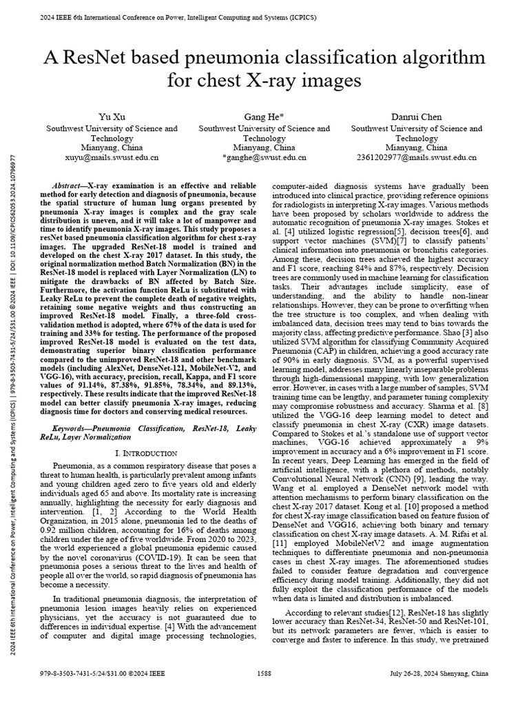 A ResNet Based Pneumonia Classification Algorithm For Chest X-Ray Images | PDF | Support Vector ...