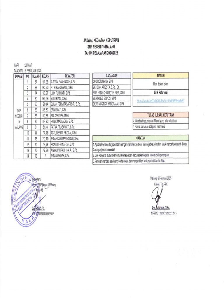Jadwal Keputrian Jumat 7 Februari 2025 | PDF