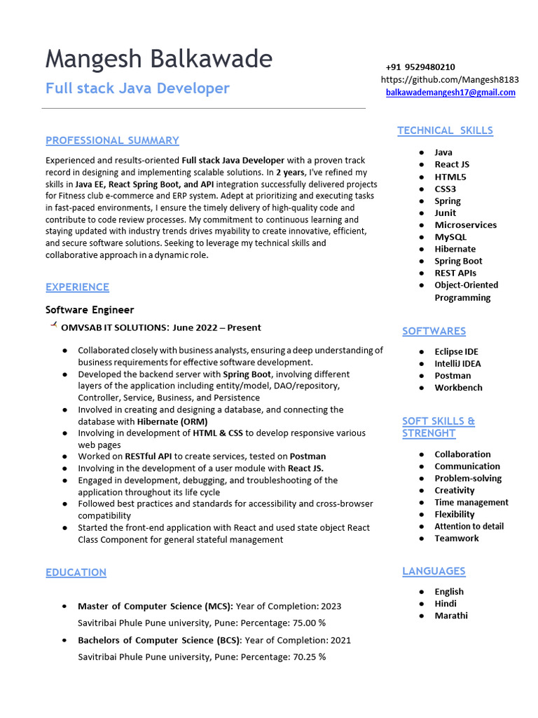 Mangesh Balkawade Full Stack Java Resume2 | PDF | Java (Programming Language) | Software Development