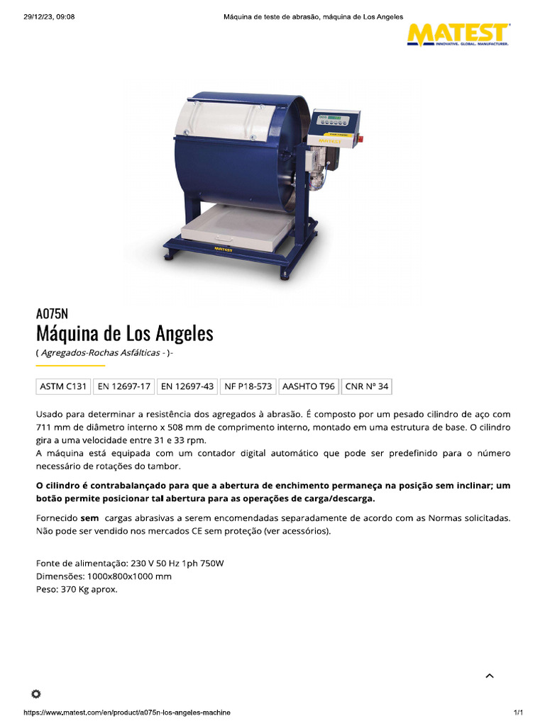 MATEST - Máquina de Los Angeles - Modelo A075N | PDF