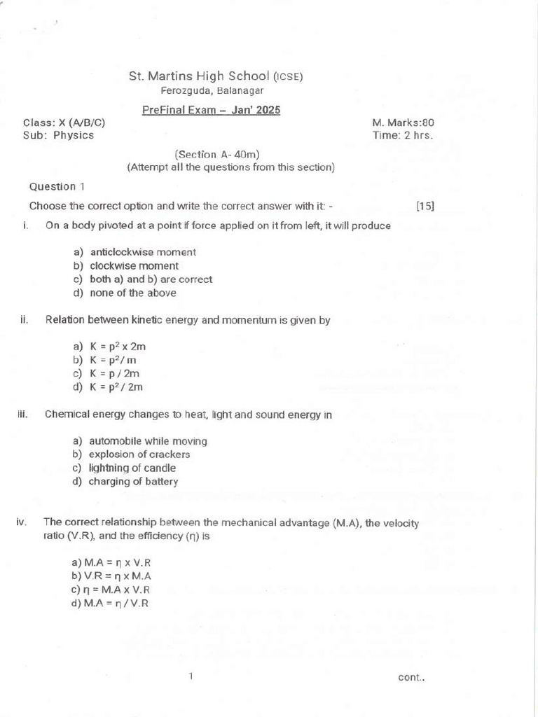 Physics Pre Final Question Paper | PDF | Physical Sciences | Physics