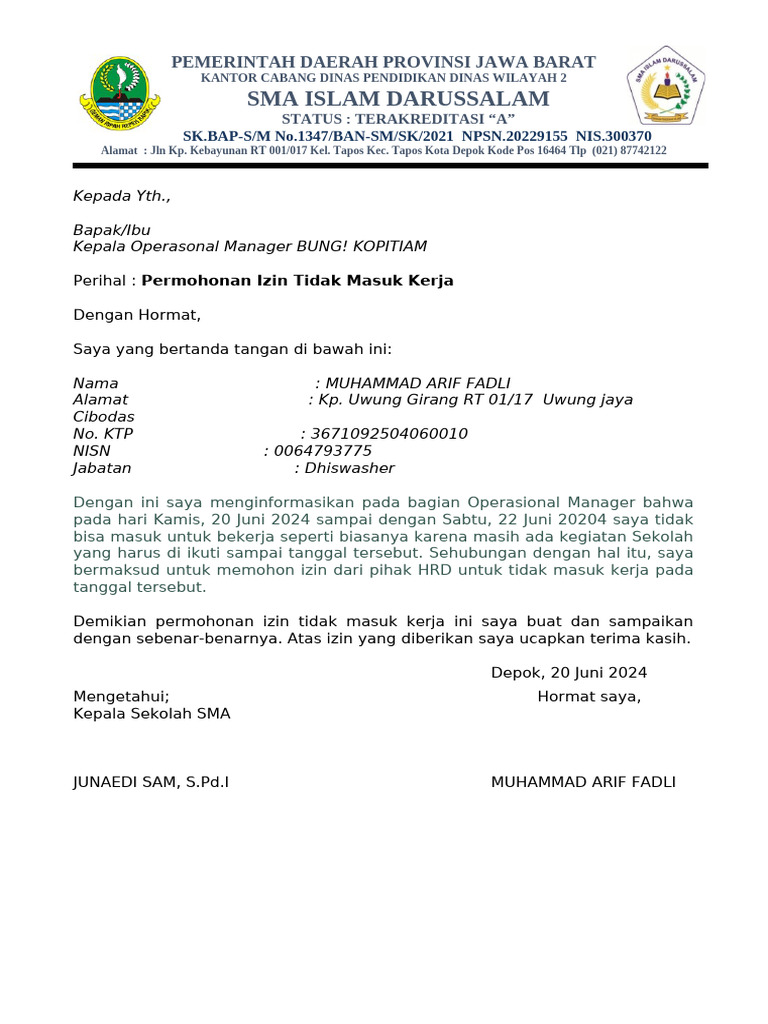 Permohonan Izin Tidak Masuk Kerja | PDF