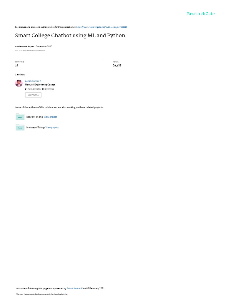 SMARTCOLLEGECHATBOTUSINGMLAND | PDF | Artificial Intelligence | Intelligence (AI) & Semantics