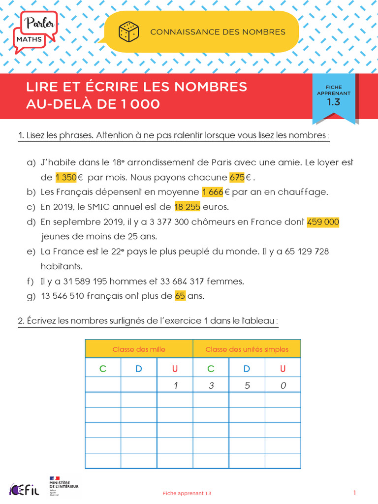 Lire et écrire les nombres > 1000 | PDF