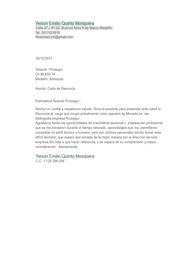 Carta de Renuncia Yeison Quinto | PDF