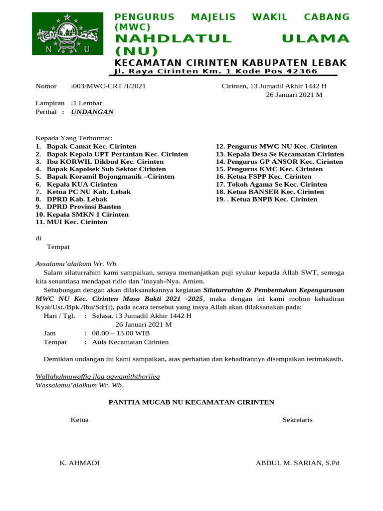 Contoh Surat Undangan NU | PDF