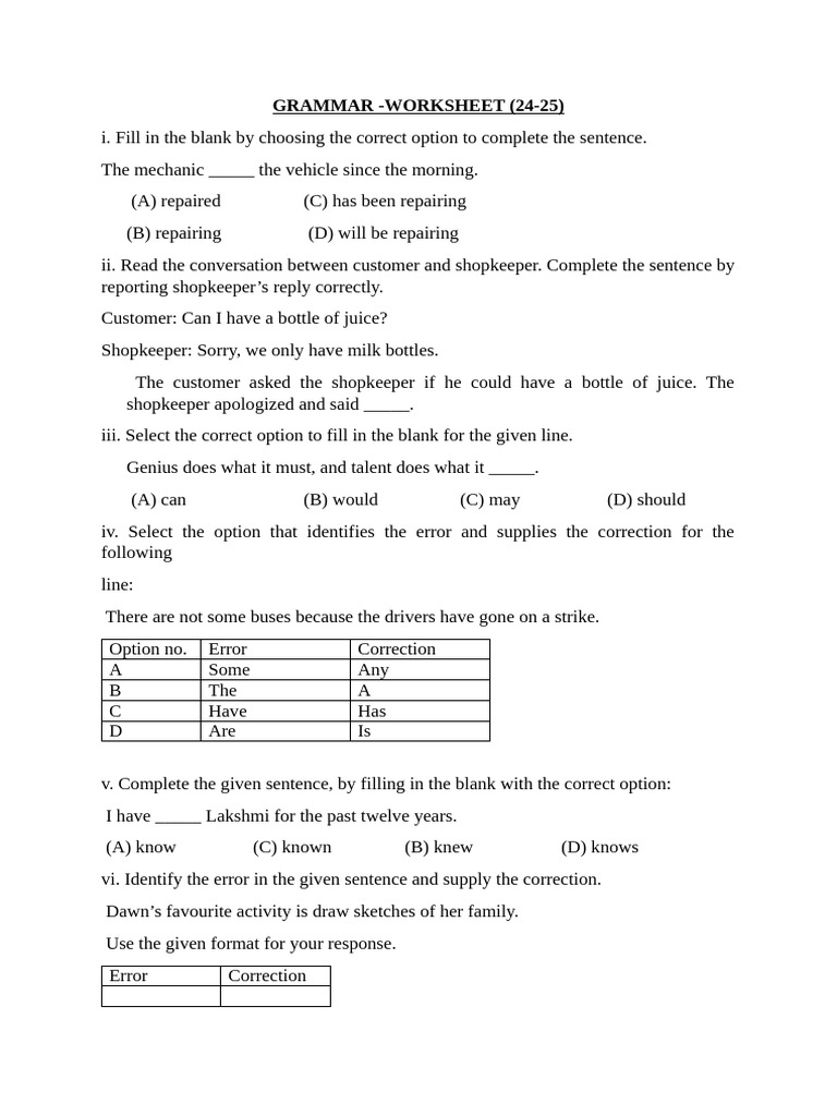 Grammar Worksheet with Exercises and Answers | PDF