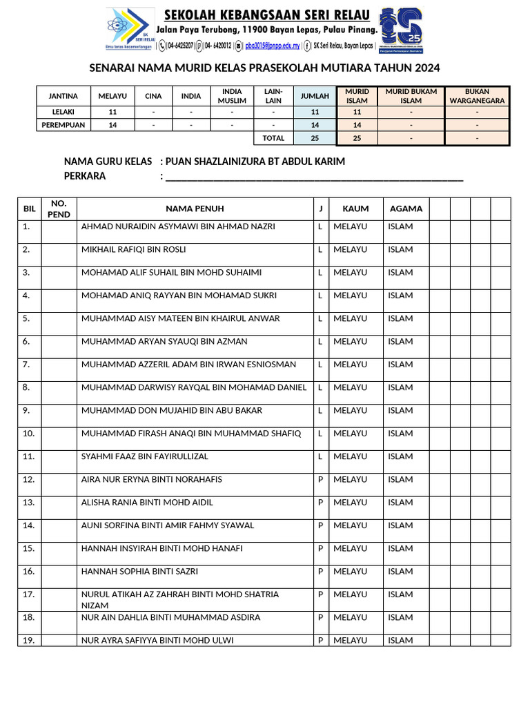 Senarai Nama Murid Prasekolah Mutiara 2024 Latest | PDF