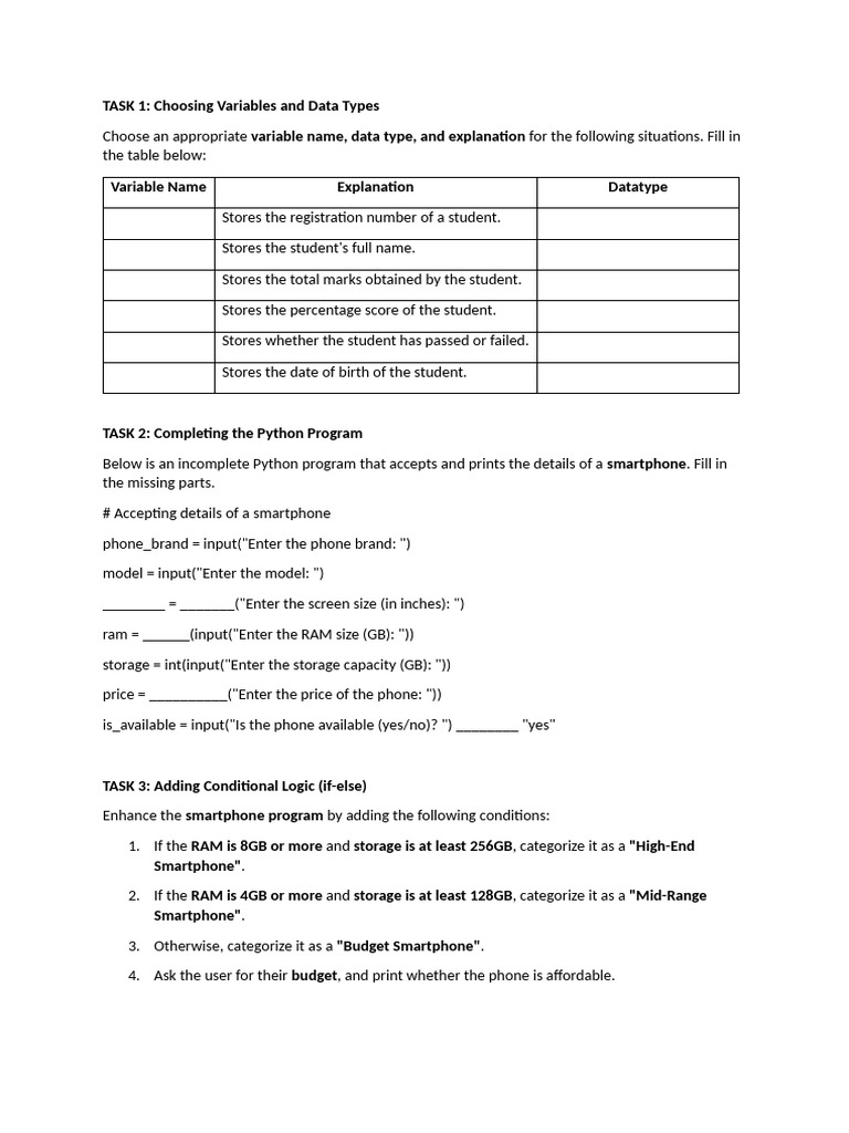 Variables and Python Program Tasks | PDF