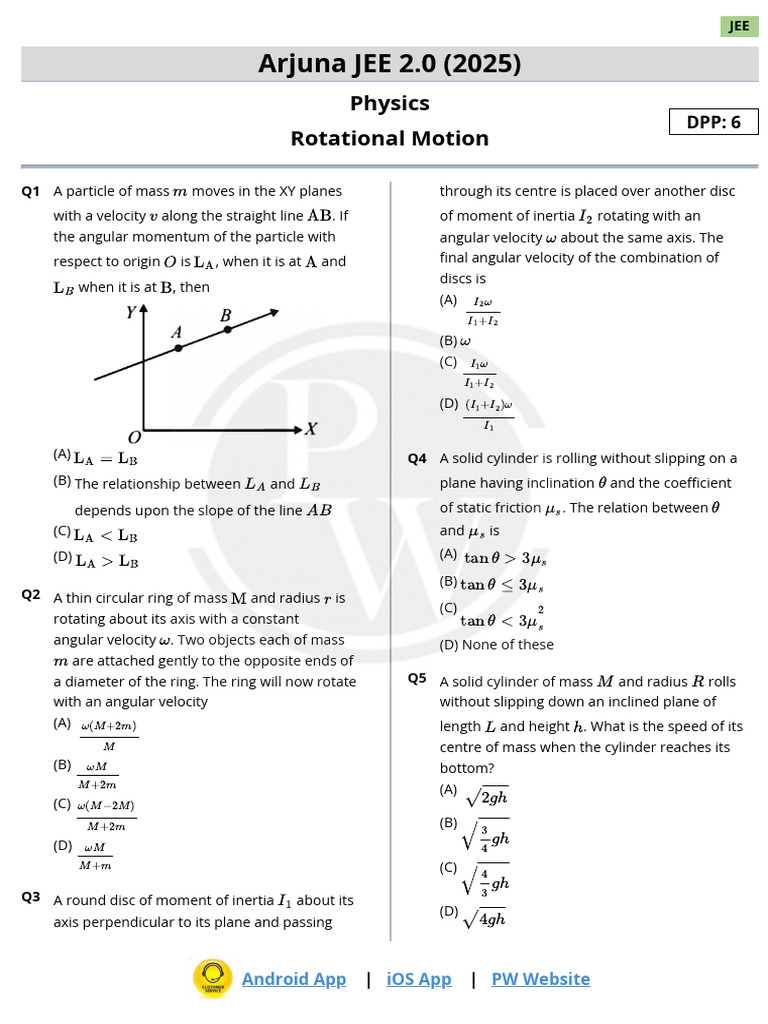 Rotational Motion - DPP 06 (Of Lec 07) - Arjuna JEE 2.0 2025 | PDF | Space | Physical Phenomena
