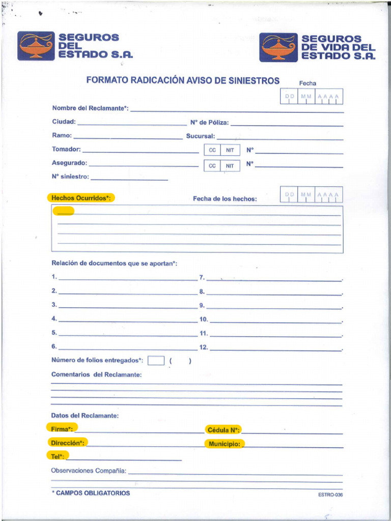 Formato de Reclamacion - Aviso de Siniestro Estado | PDF