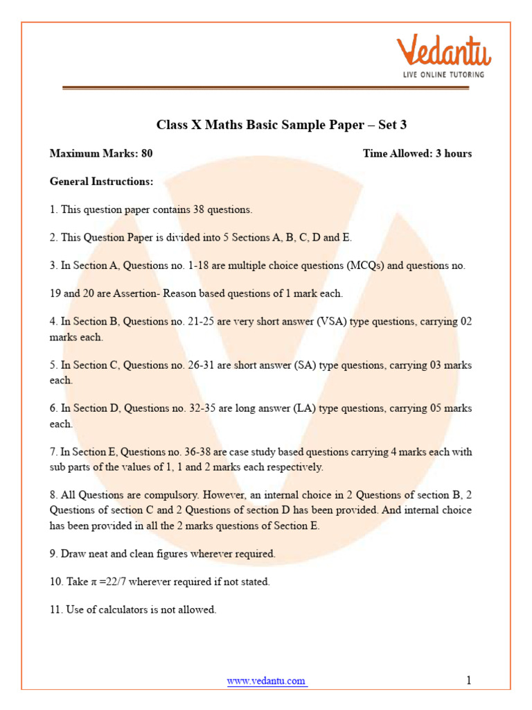 CBSE Class 10 Maths (Basic) Sample Paper Set 3 FREE PDF Download | PDF ...