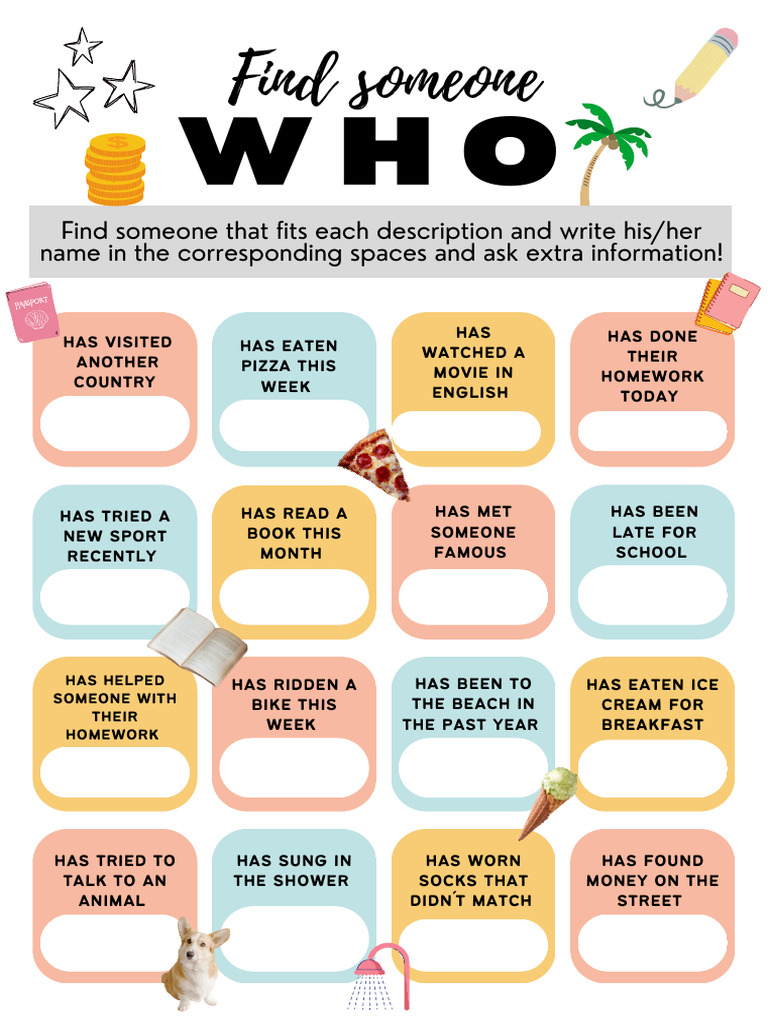 Blue Pink and Yellow Getting To Know You Bingo Worksheet Icebreaker ...