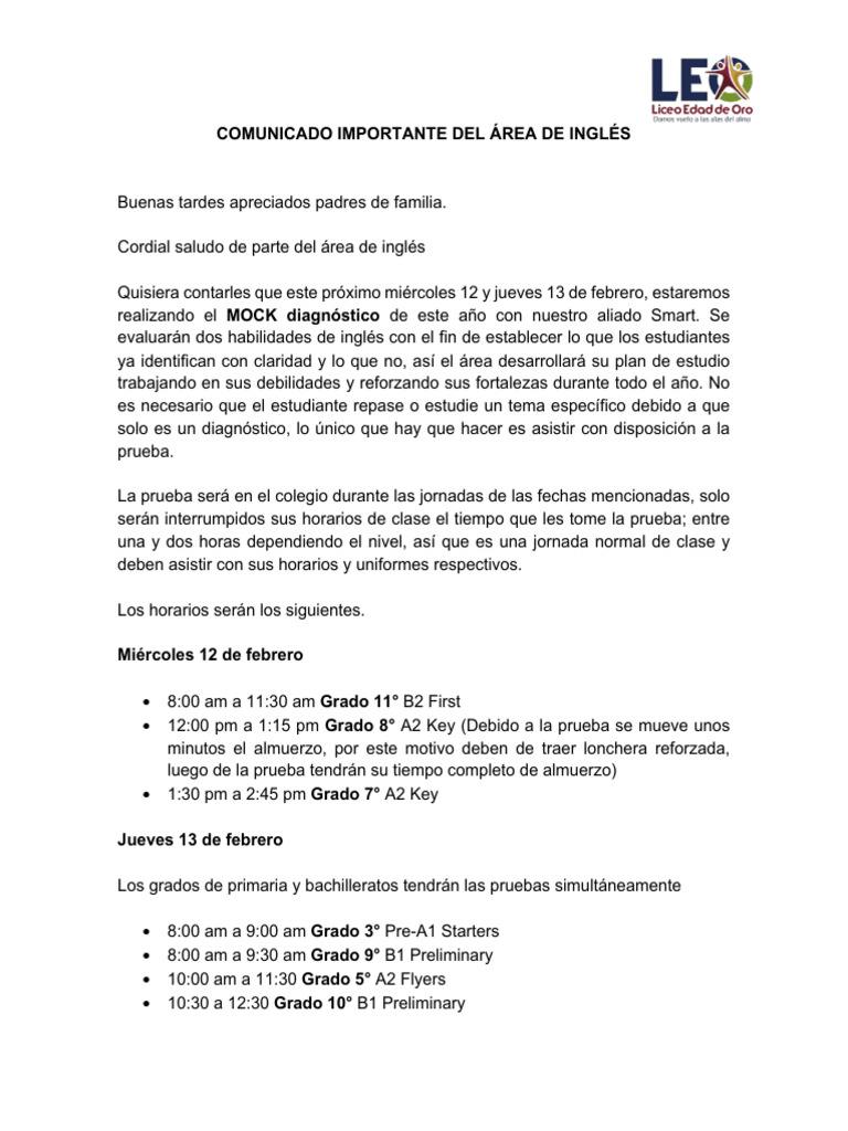 Comunicado Importante Del Area de Ingles | PDF