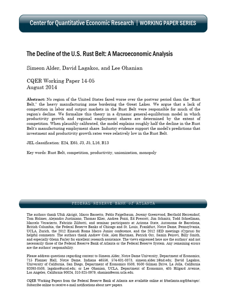 The Decline of The U.S. Rust Belt - A Macroeconomic Analysis | PDF ...