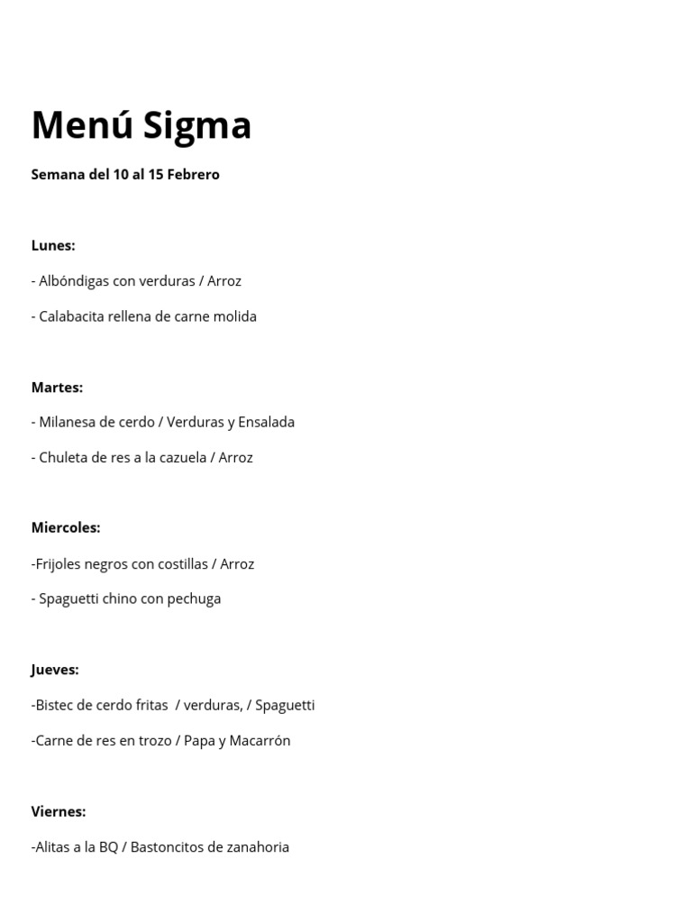 Menú Semanal Sigma: 10-15 Febrero | PDF
