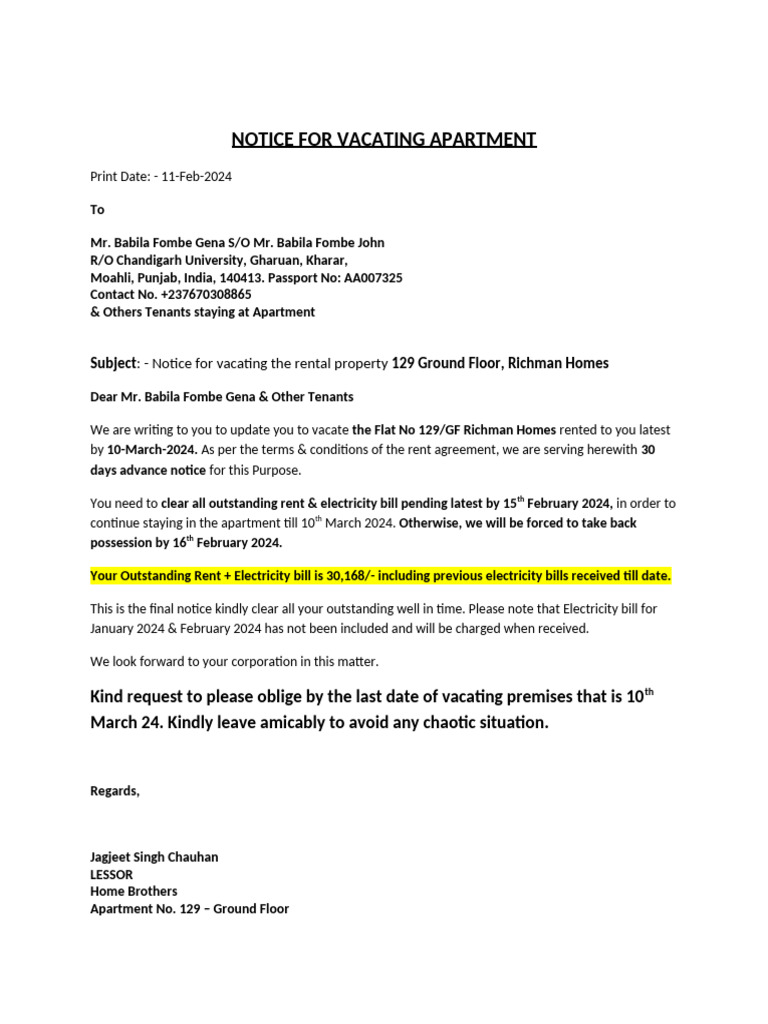 Vacant Notice For Tenants | PDF