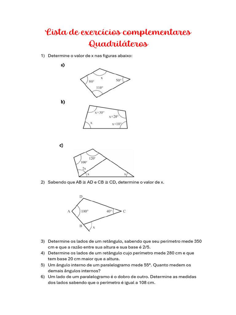 Lista de Exercícios Complementares Quadriláteros | PDF