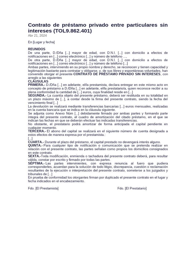 Contrato de préstamo privado entre particulares sin intereses | PDF