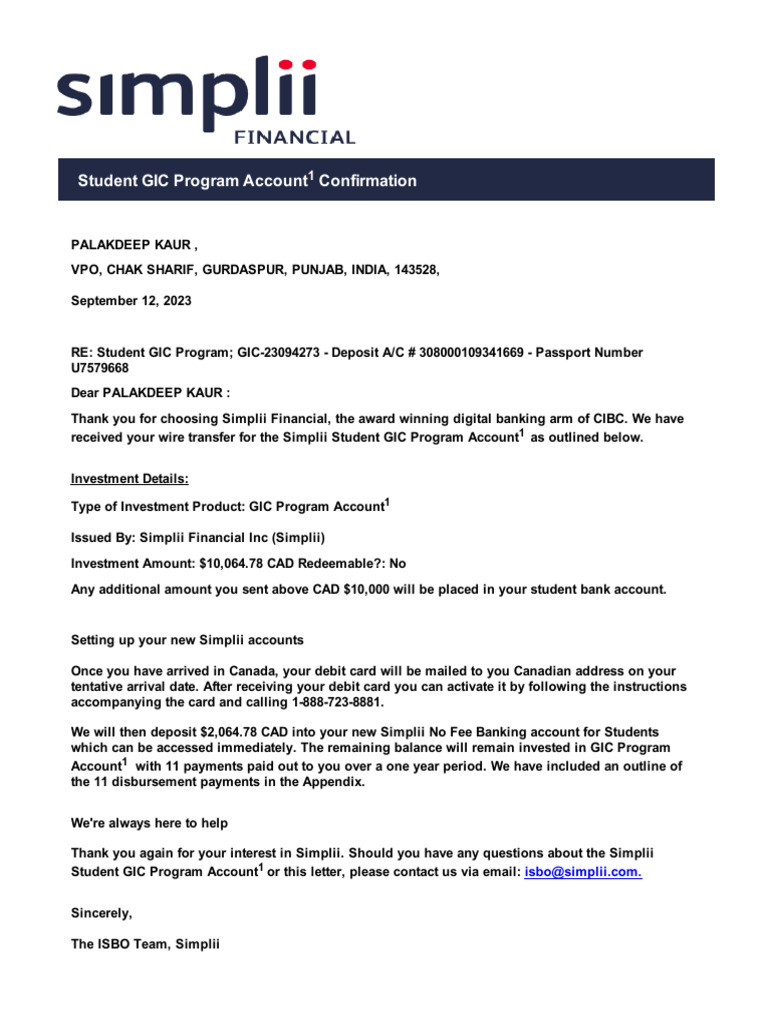Simplii Student GIC Program Confirmation | PDF | Money | Banks
