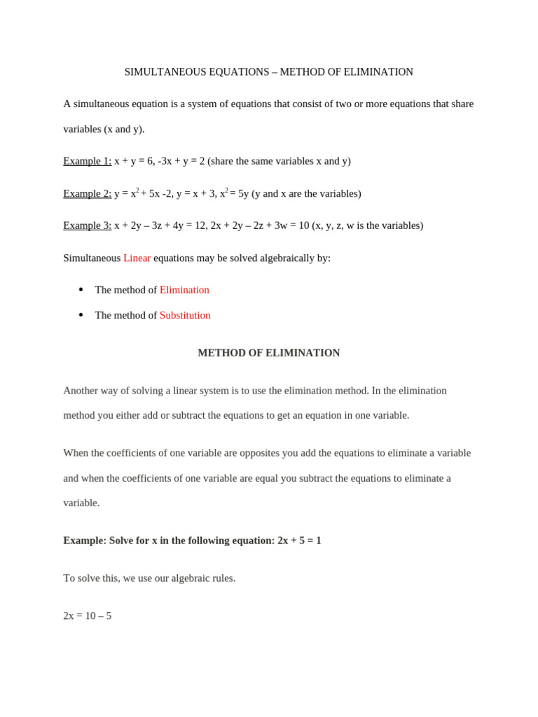 Method of Elimination 1 | PDF | Equations | System Of Linear Equations