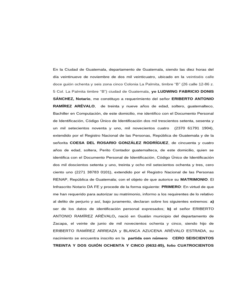 Acta de Matrimonio ERIBERTO ANTONIO RAMÍREZ ARÉVALO y COESA DEL ROSARIO ...