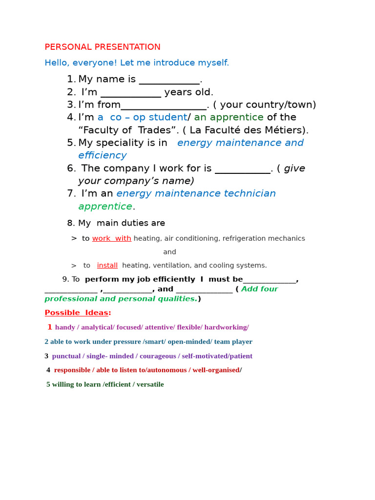 Personal Presentation for Energy Technician | PDF