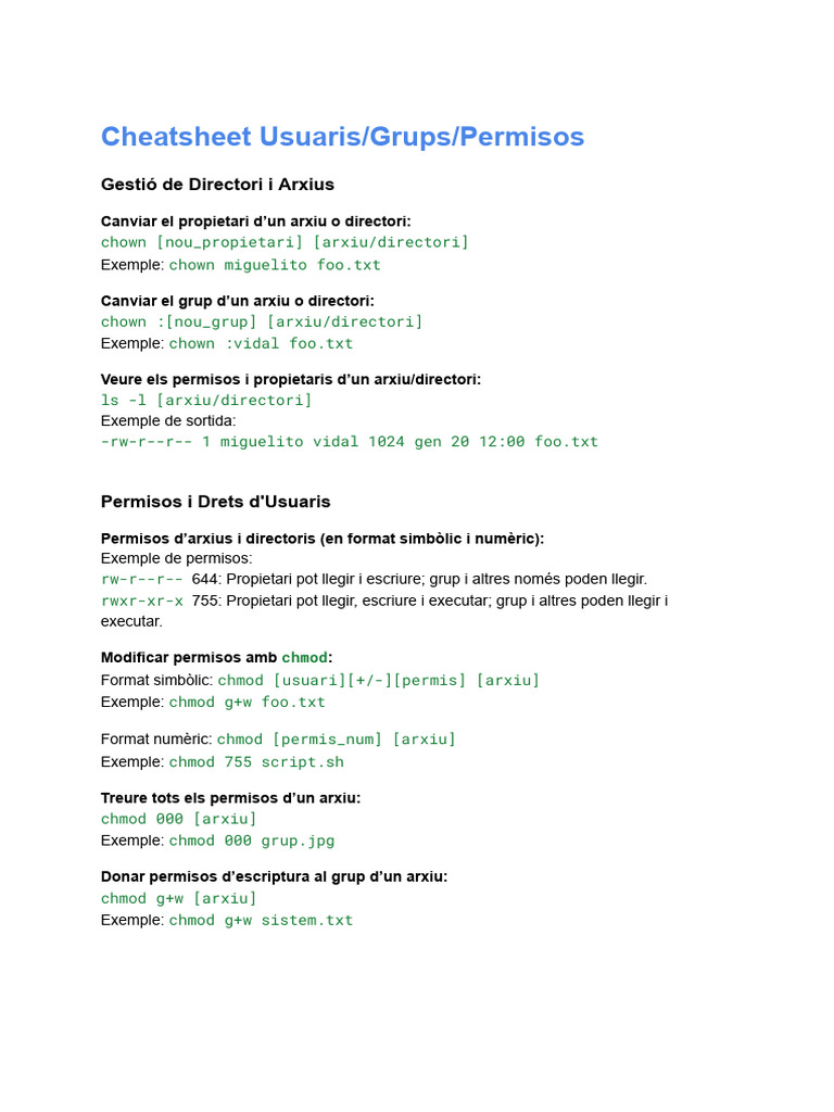 Cheatsheet - Usuaris - Permisos | PDF