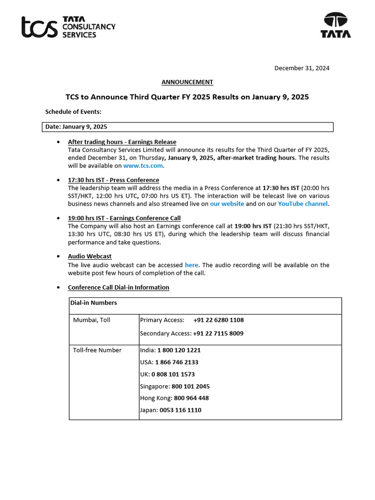 Tcs Schedule of Events q3 2024 25 | PDF | Telecommunications
