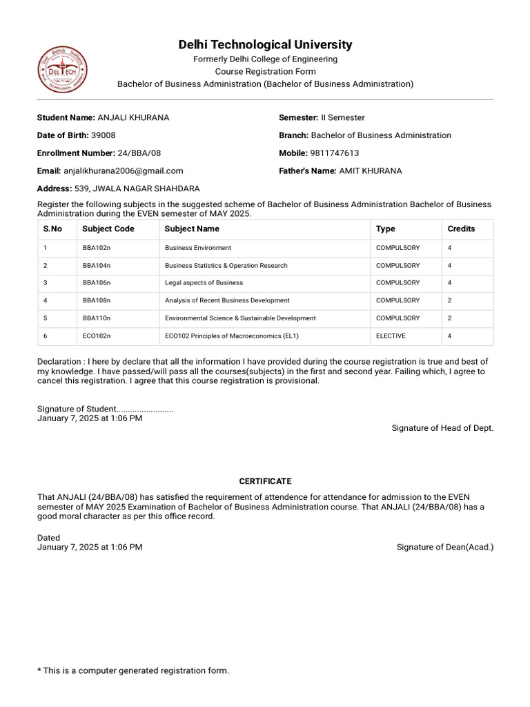 Course Registration Acknowledgement Slip | PDF