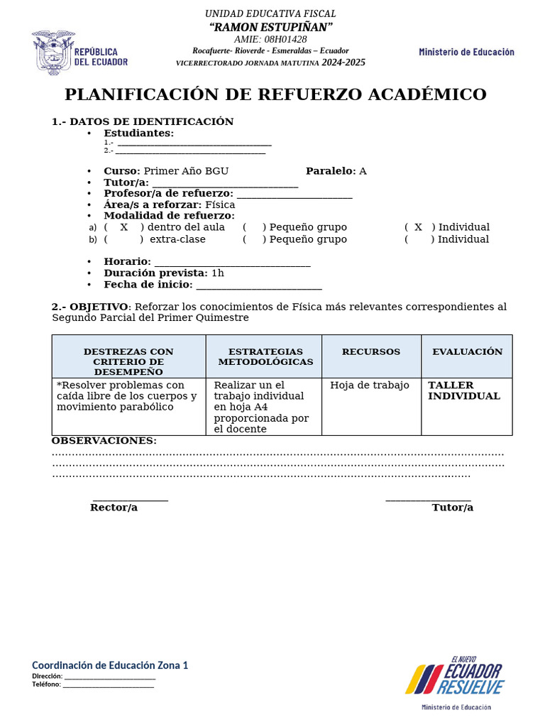 Planificación de Refuerzo Académico 2024-2025 | PDF | Enseñando | Aprendizaje