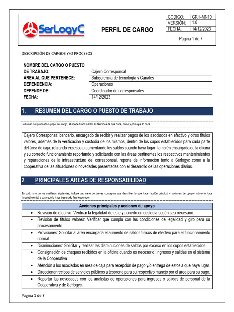 Perfil de cargo cajero | PDF