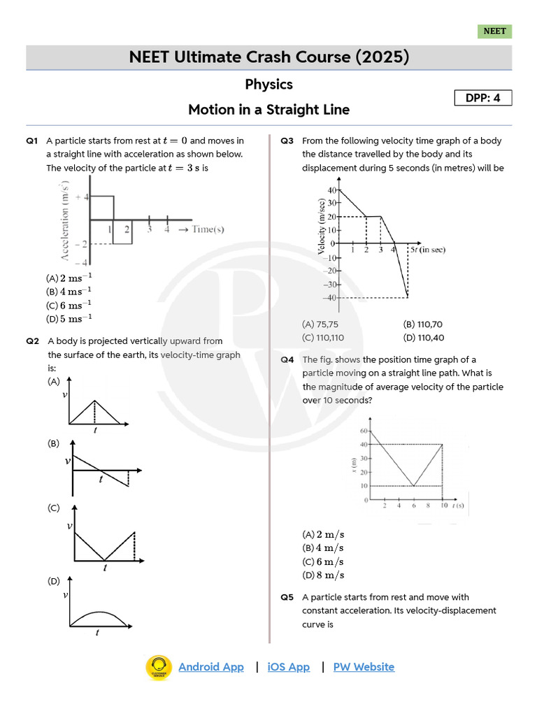 Motion in A Straight Line - DPP 04 (Extra DPP) - NEET Ultimate Crash Course 2025 | PDF ...