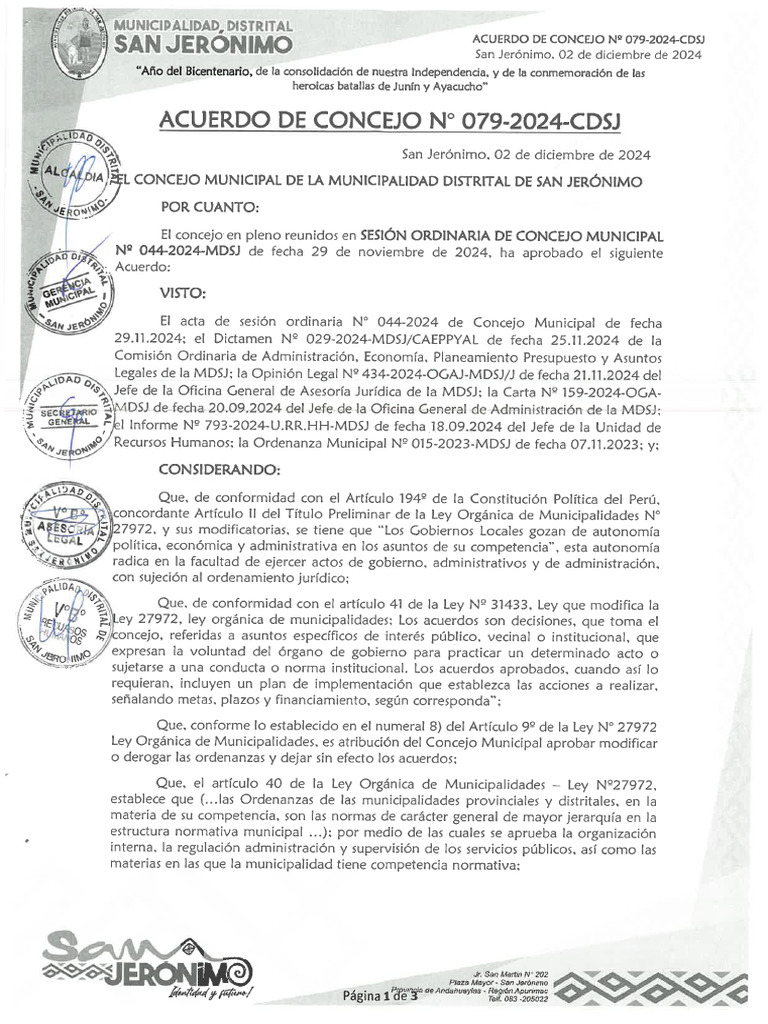 ACUERDO DE CONCEJO N° 079-2024-CDSJ | PDF