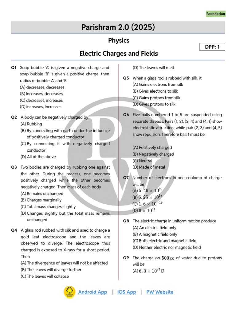 DPP 1 | PDF | Electric Charge | Electron
