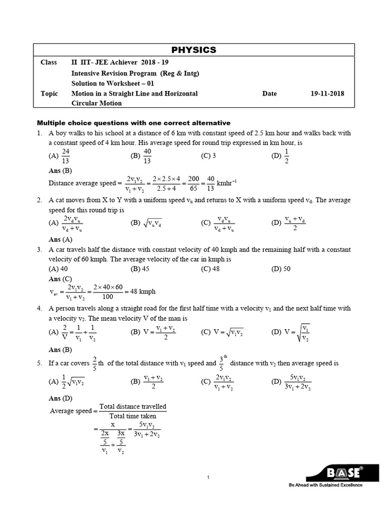 WS-01 Motion in a Straight Line and Horizontal Circular Motion Q + Soln | PDF | Acceleration | Force