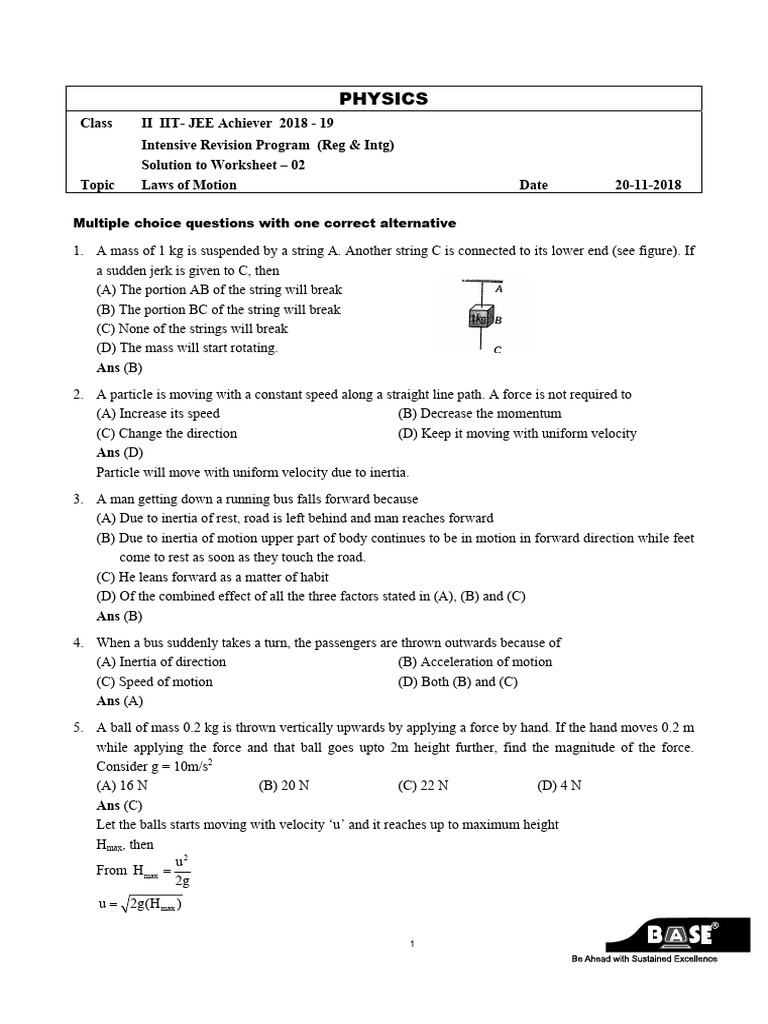 WS-02 Laws of Motion Q + Soln | PDF | Force | Acceleration